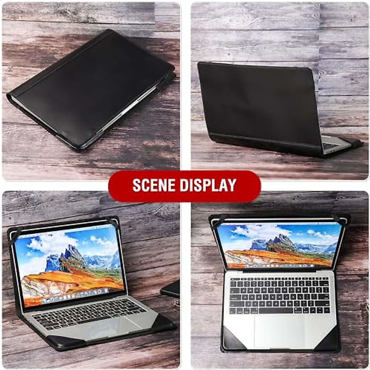 CataPurus Top Grain Leather 13.3" Slim Laptop Folio Case Protector, Vintage Open Style, Fully Handmade, Compatible with MacBook Pro 13.3" MacBook Air M1/M2 ZENBOOK 13.3" & Other PC, Black 13.3 Inch
