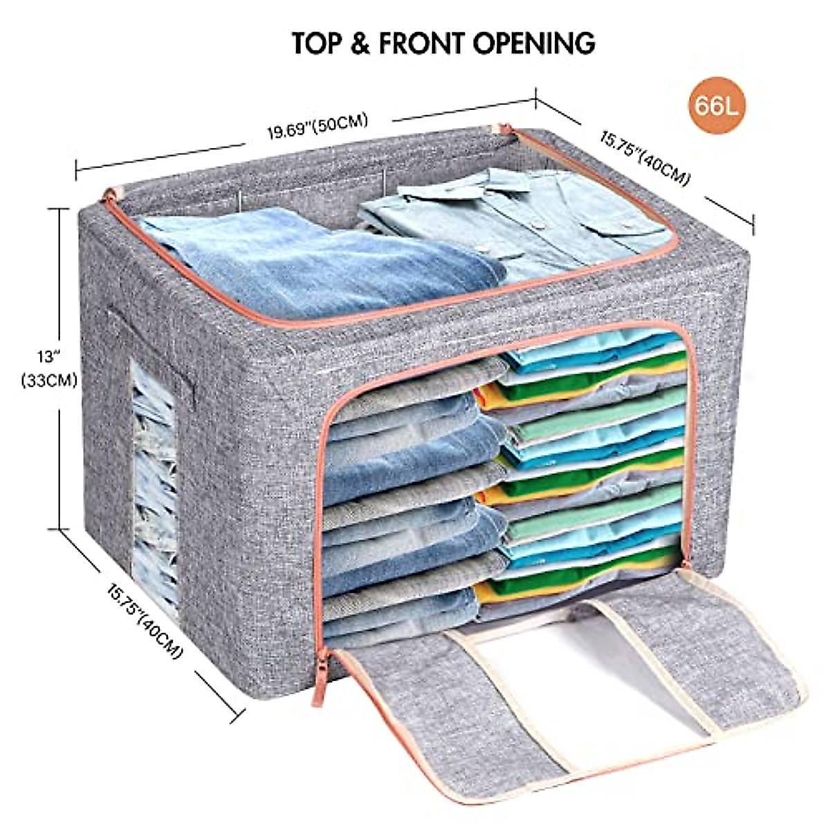 Tasmegol 2 Pack 66L Foldable Clothes Storage Bins Box Stackable Metal Frame Closet Organizer with Clear Windows Carry Handles Linen Fabric Containers Bags for Beddings/Quilt