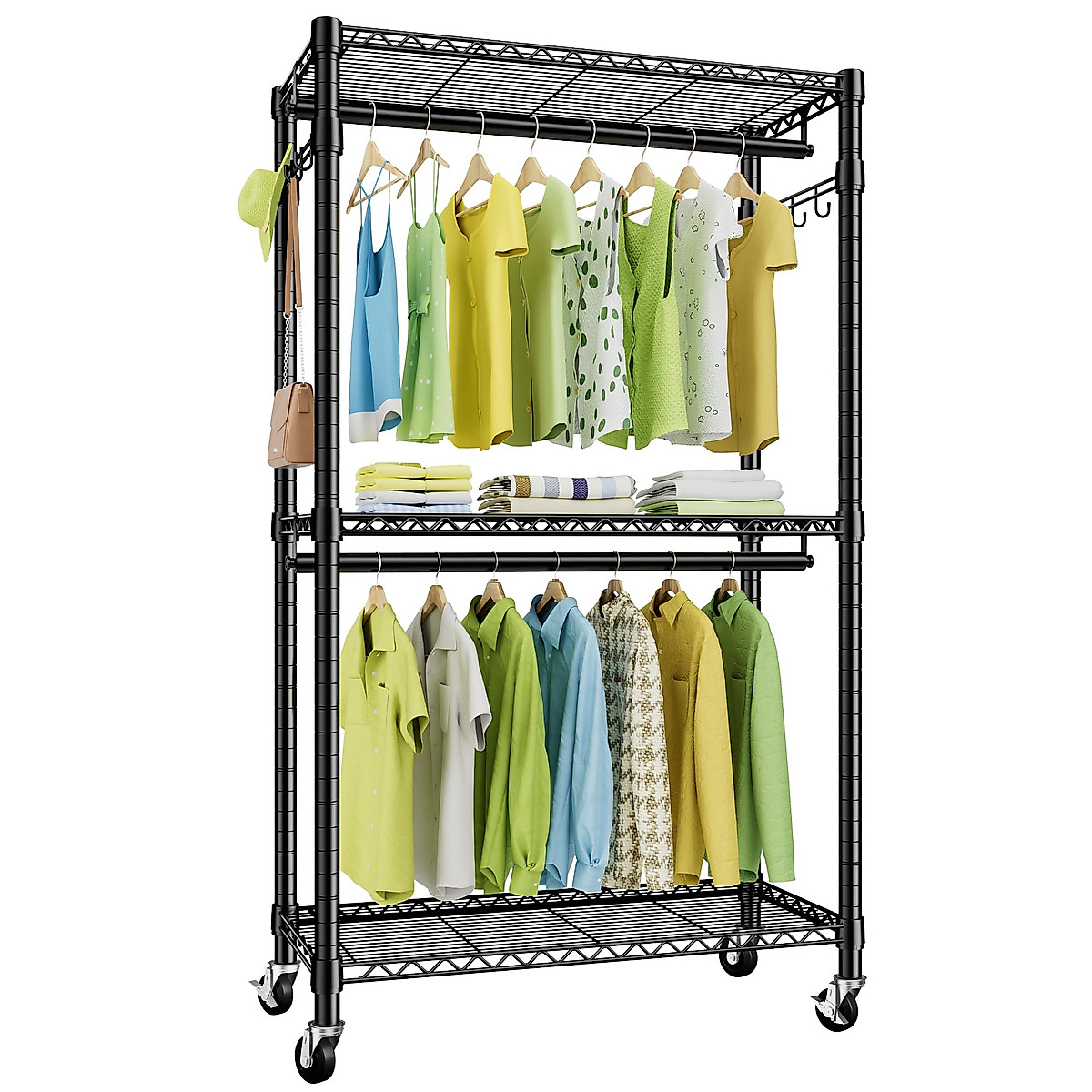 SEMHOR S3-M Portable Closets Rolling Clothes Rack 3 Tier Heavy Duty Clothing Rack with 2 Hanging Rod and 2 Side Hooks, Freestanding Adjustable Wardrobe Garment Rack for Bedroom Laundry