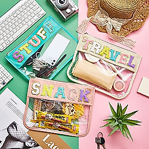 3 Pcs Chenille Letter Clear Zipper Pouch for Travel Waterproof Cosmetic Pouch Clear Snack Bags Nylon Travel Gym Beach Bag Multipurpose Makeup Bag for Women Girl (Soft Color, Travel, Stuff, Snack)