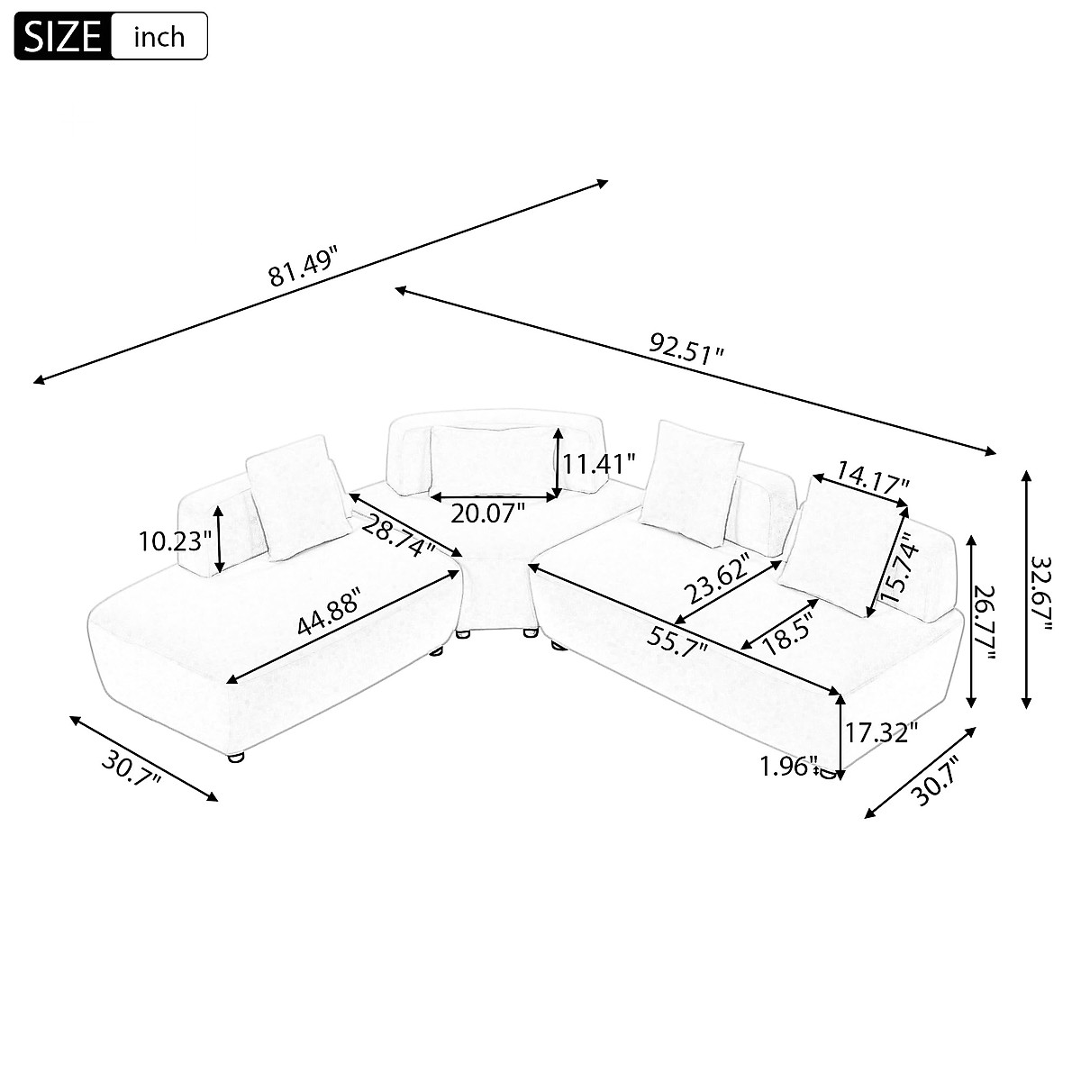 WILLIAMSPACE 92.5" Luxury Sectional Sofa for Living Room, Modern Upholstery Boucle Sofa Couch with 4 Pillows, Contemporary Sectional Curved Sofa Corner Couch for Apartment, Boucle Fabric (Grey)
