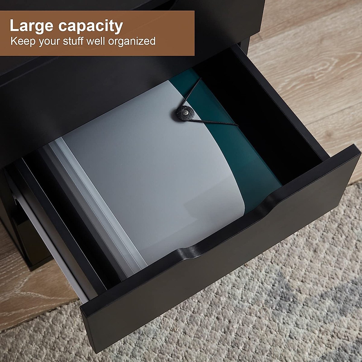 3 Drawer File Cabinet Drawers Chest, Wood Storage Cabinet with Wheels, Drawer Mobile File Cabinet Rolling File Pedestal Small Filing Cabinets for Home Office Bedroom Makeup Dresser by Soohow Black