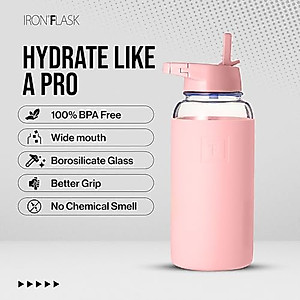 IRON °FLASK Glass Sports Water Bottle - Straw Lid, Airtight Leak Proof, Vacuum Insulated, Bosilicate Glass, Silicone Sleeve, Retains Temperature - Rose, 32 Oz