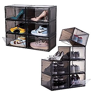 Attelite 6 Pack Large Drop Front Shoe Box+ 6 Pack Side Open Black Clear Plastic Shoe Storage Box, As Stackable Shoe Containers for Display Sneakers