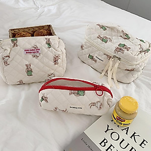 BILIPOPX 3 Pack Kawaii Cute Makeup Bag Bear Aesthetic Travel Quilted Cotton Cosmetic Bag Organizer Toiletry Pouch for Women Teen Girls (Bear Rabbit)