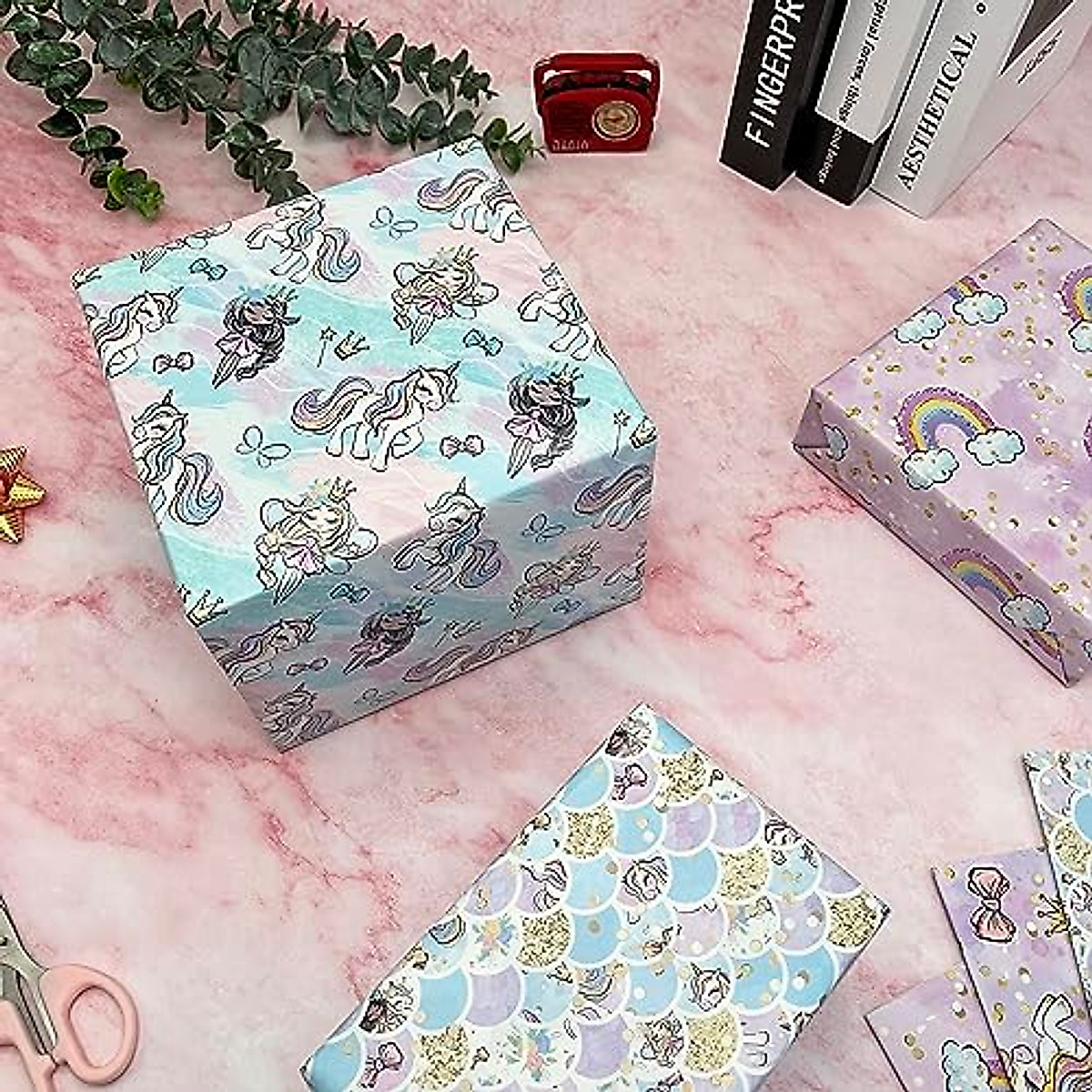 Dtiafu Unicorn Wrapping Paper - 12 Sheets Birthday Wrapping Paper for Girls Kids - Unicorn Princess Rainbow Mermaid Scale Gift Wrap in Pink Purple - 20 X 28inch Per Sheet