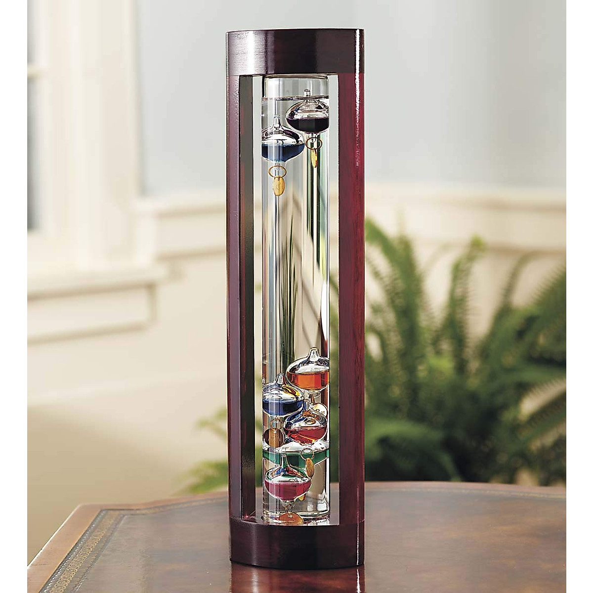 Galileo Glass Thermometer | 14.5-Inches Tall with Cherry Wood Frame | Law of Physics | Indoor Room Temperature for Home House Office Desk Counter Tabletop | Holiday Gift Present