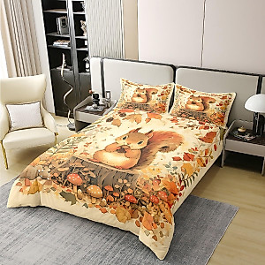Cute Squirrel Bedding Set Queen 100% Cotton Cartoon Mushroom Watercolor Maple Leaves Duvet Cover for Kids Teens Adults Lovely Wild Animal Fall Rustic Style Comforter Cover,2 Pillowcases(No Comforter)