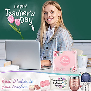 Geiserailie 8 PCS Teacher Appreciation Gifts in Bulk Makeup Bags for Women,Teacher's Day Keychain,Thank You Teacher Gifts with Bracelet,Graduation Gifts for teacher(Cute Style)