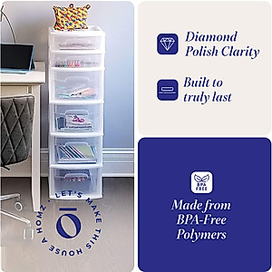 Homz Plastic 6 Clear Drawer Medium Home Organization Storage Container Tower with 4 Large Drawers and 2 Small Drawers, White Frame (2 Pack)