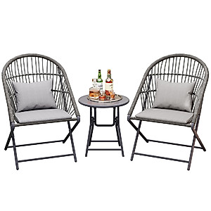 HWB Foldable 3-Piece Patio Bistro Set with Folding Rattan Chairs and Round Table - Small Outdoor Furniture for Balcony, Garden, Backyard, Restaurant, Cafe Bar (Grey)