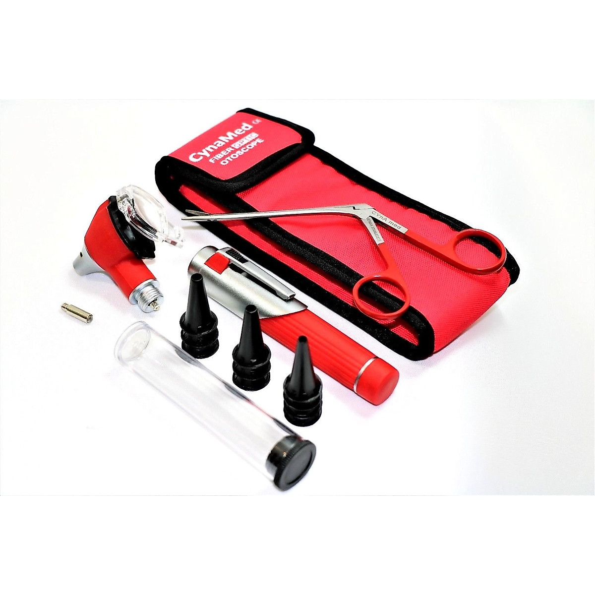 Premium Student Home Use Led Bright Light ENT Diagnostic Otoscope Pocket Size Red Plus Alligator Ear Nose Forceps Plus 1 Extra Replacement Bulb Cynamed