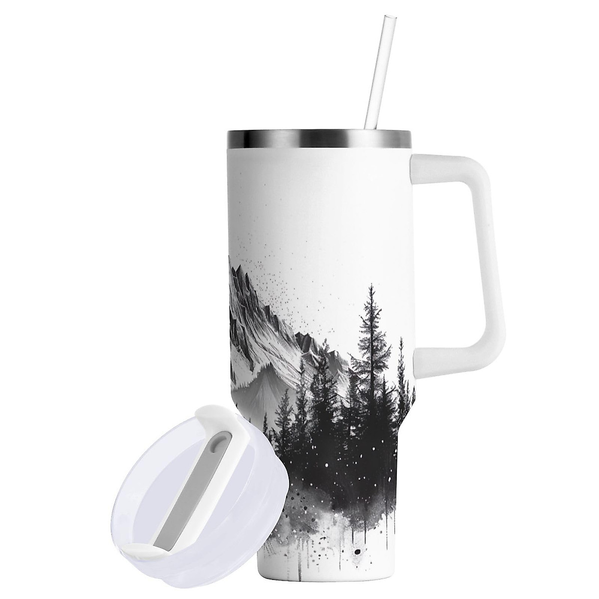 Jihqo Mountain Ink Style 40 oz Stainless Steel Vacuum Insulated Tumbler with Handle and Straw Lid, Leakproof Water Bottle Double Wall Travel Mug Coffee Cup, Cupholder Friendly