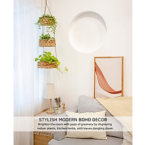 Hanging Fruit Basket 3 Tier for Kitchen, Handmade Natural Rattan Handwoven Wicker Seagrass Woven Wall Baskets Vegetable Organizer Produce Fruit Holder Counter Space Saver Storage Boho Hanging Planter