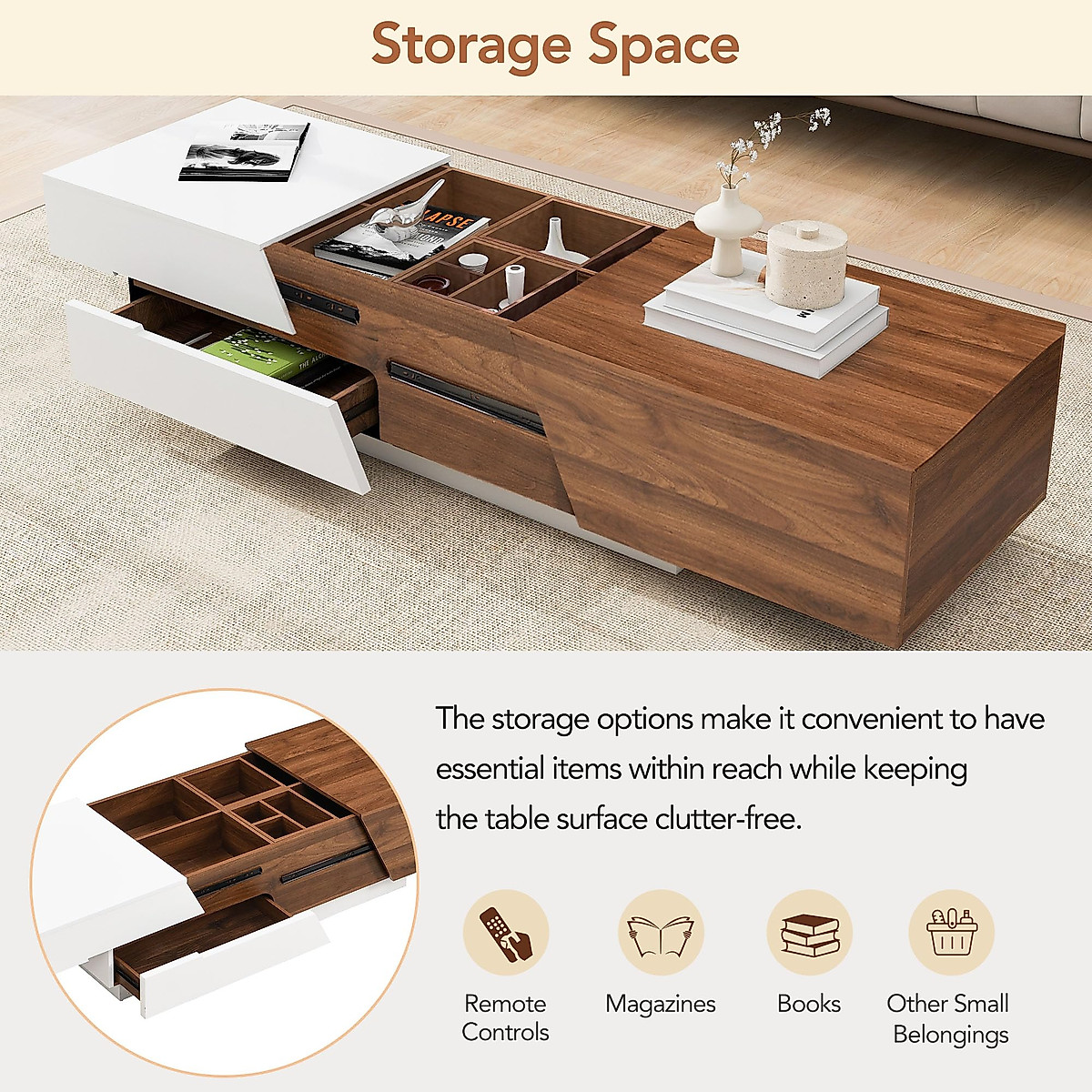 Merax Coffee Table Extendable Sliding Top for Living Room Modern with Drawers Hidden Compartment Accent Furniture Multifunctional Cocktail Reception Office Bedroom, 47.2"-72.8", White/Walnut
