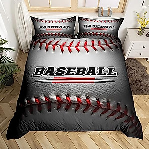 Manfei White Baseball Kids Duvet Cover Set Full Size, Sports Theme Comforter Cover with 2 Pillowcases, 3D Ball Gaming Bedding Set 3pcs for Boys Girls Teens Bedroom Decor Lightweight Bedspread Cover