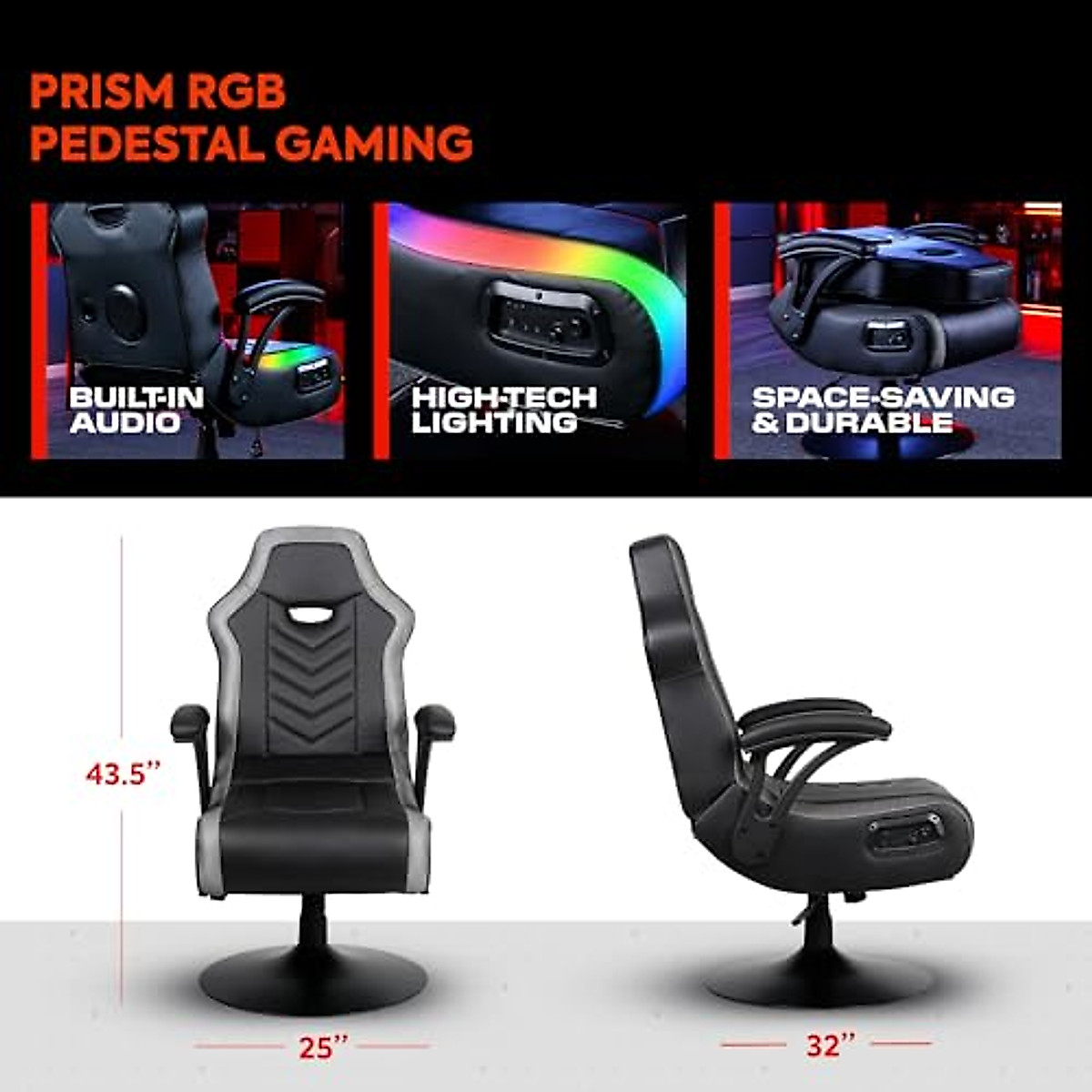 X Rocker Prism RGB LED Lounging Video Gaming Pedestal Chair with Armrests, Wireless Bluetooth Audio, Foldable, Vegan Leather, Amazon Exclusive, Black