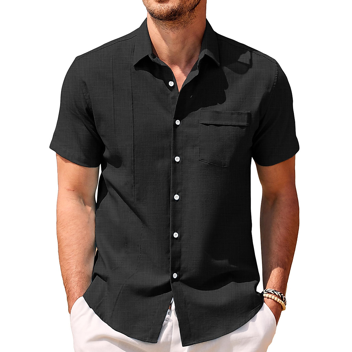 COOFANDY Mens Casual Button Down Shirts Short Sleeve Cuban Guayabera Shirt Summer Beach Top Linen Shirt Black