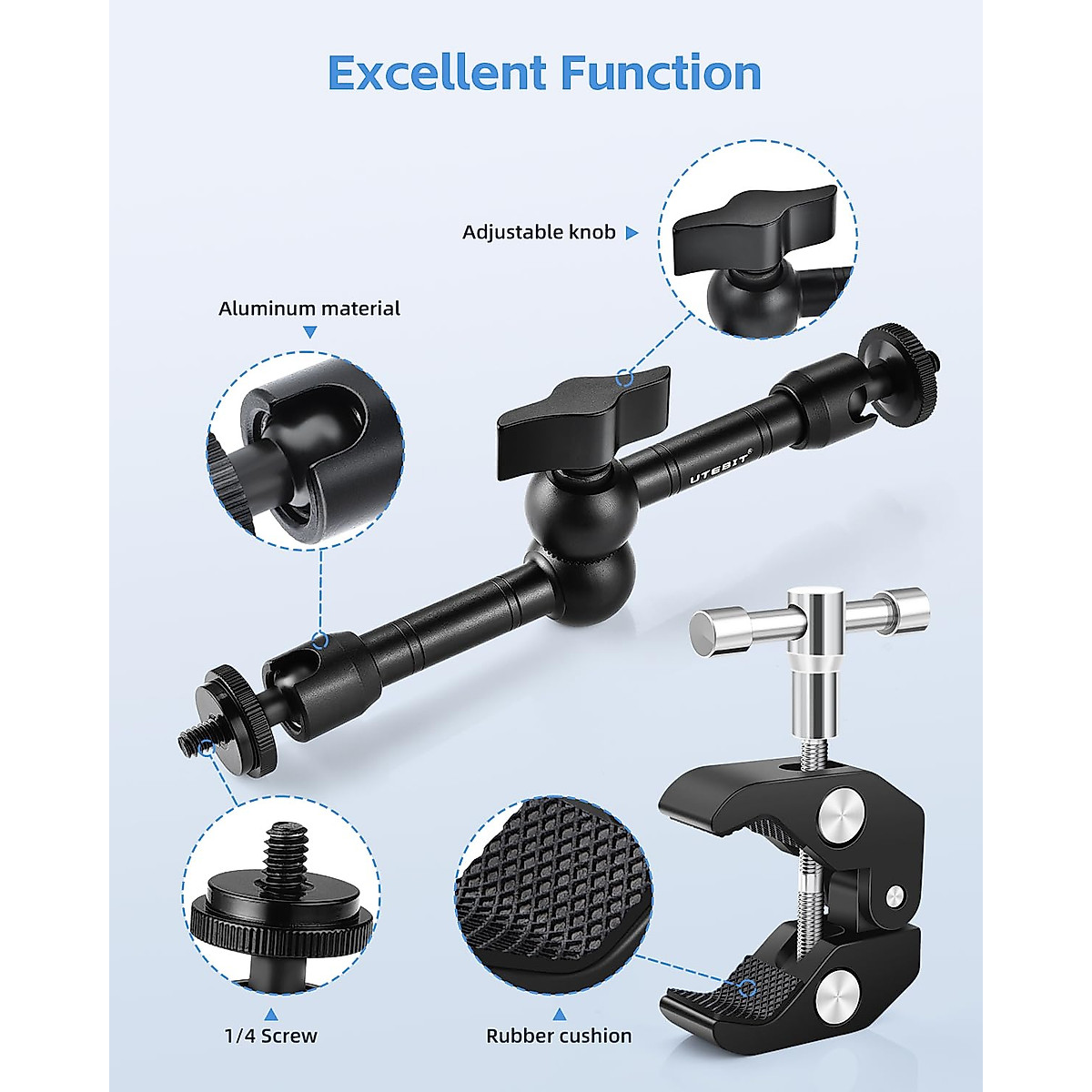 UTEBIT Adjustable Magic Arm with Super Clamp,9 inch with 1/4" and 3/8" Thread,Articulating Arm Clamp Friction Power Arm Crab Screw Kit for LCD Monitor, LED Light, Flash Light, Camera Rig