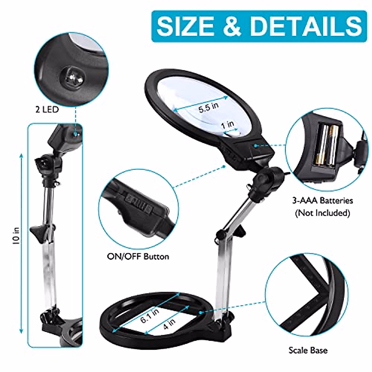 LANCOSC 5.5 Inches 2-in-1 Magnifying Glass with Light and Stand, 2X-6X Large Foldable Handheld Lighted Magnifier for Close Work, Reading, Cross Stitches, Crafts, Needleworks, Embroidery (Black)