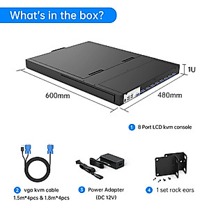 Yinker 8 Port VGA KVM Switch, 1U Rack Mount KVM with 19" LCD Monitor Keyboard Touchpad Drawer + KVM Cables, 1280x1024 LCD KVM Console for 19" Rack