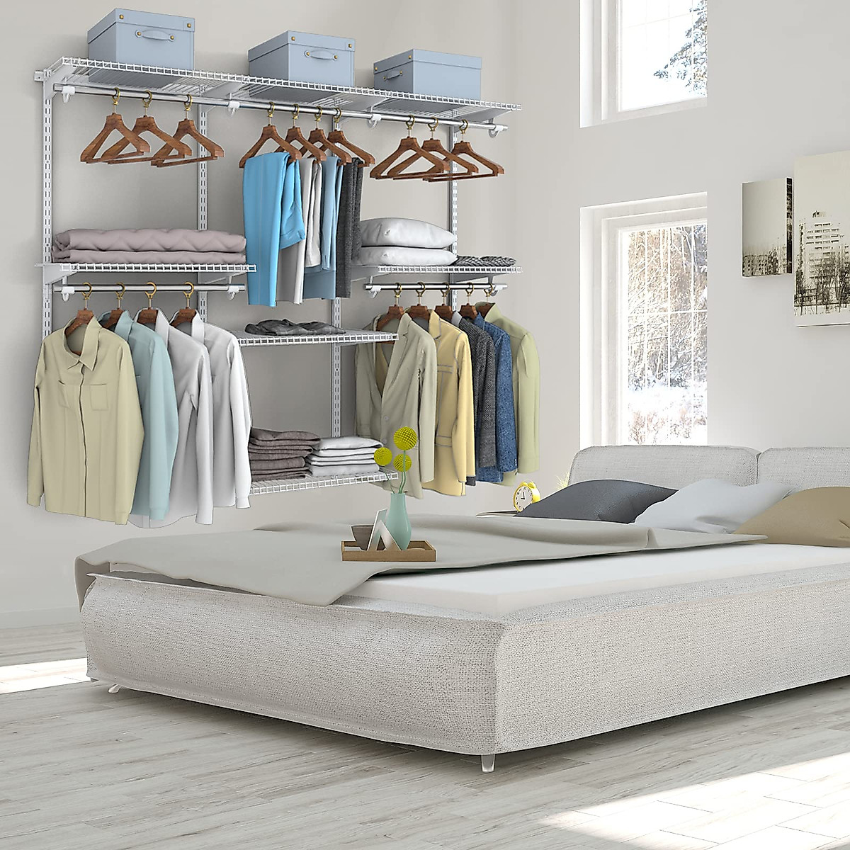 S AFSTAR 4 to 6 FT Mounted Closet Systems, Height Adjustable Custom Clothes Closet Kit with 3 Hanging Rod & 6 Storage Shelves, Wall-Mounted Clothes Closet Organizer for Bedroom Apartment, White