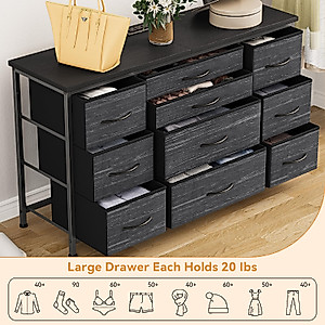 Jojoka Wide Dresser with 10 Large Drawers for 55'' Long TV Stand with Power Outlet Entertainment Center, Storage Fabric Drawer Unit for Bedroom, Closet, Entryway, Sturdy Metal Frame, Black willow
