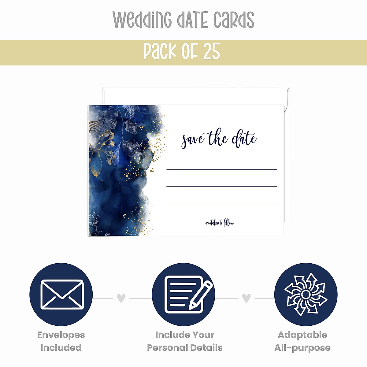 Paper Clever Party Blue Save the Date with Envelopes, All Occasion Cards for Wedding Invitations, Birthday, Graduation, Watercolor Gold Floral, 3.5x5, 25 Pack