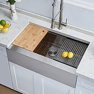SHACO 33 Inch Farmhouse Sink, 33x20x9 Stainless Steel Farmhouse Kitchen Sink, 9 Inch Deep Brushed Nickel Single Bowl Ledge Workstation Sink, Apron Front Farm Sink with Cutting Board
