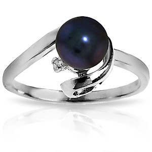Galaxy Gold GG 14k Solid White Gold Ring with Natural 1.01 Carat Black Pearl and Diamond - Size 7.0