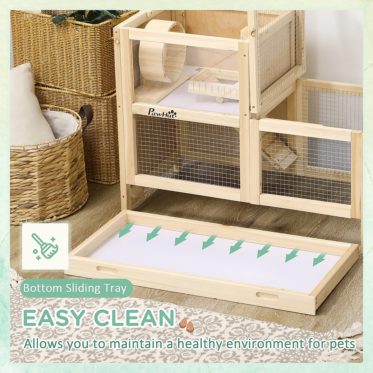 PawHut Extra Large Wooden Hamster Cage with Sliding Tray, Large Hamster Cage Including Seesaw, Small Animal Habitats with Openable Roofs, Wide Ramp for Racing, Running Wheel, Natural