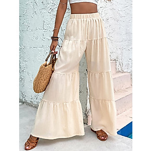 WDIRARA Women's Flowy Boho Elastic High Waist Ruffle Hem Wide Leg Beach Loose Palazzo Pants Beige M