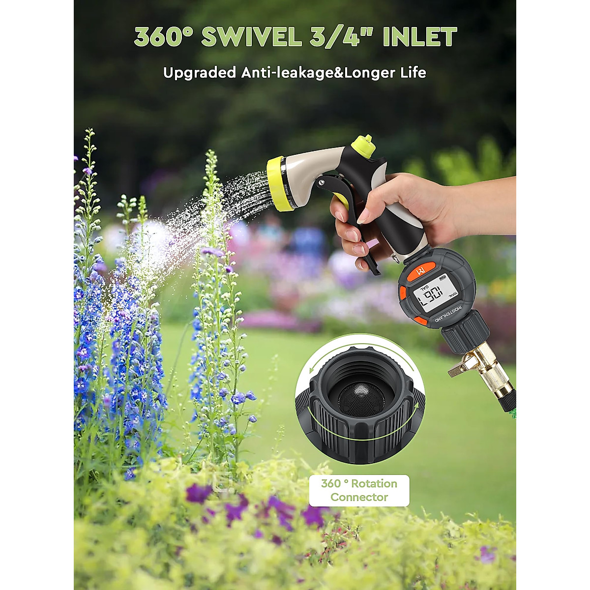 Moistenland Water Flow Meter, Water Meter, Standard 3/4" Thread, High Accuracy and IP6X Waterproof, Water Meter for Garden Hose/RVs/Lawn/Nozzle Sprayer