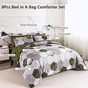 PERFEMET 8 Pieces Green King Comforter Set Geometric Marble Bedding Sets King Size Hexagon Honeycomb Print Bed in A Bag Soft Lightweight Bed Comforter Sets with Sheets (Green, King)
