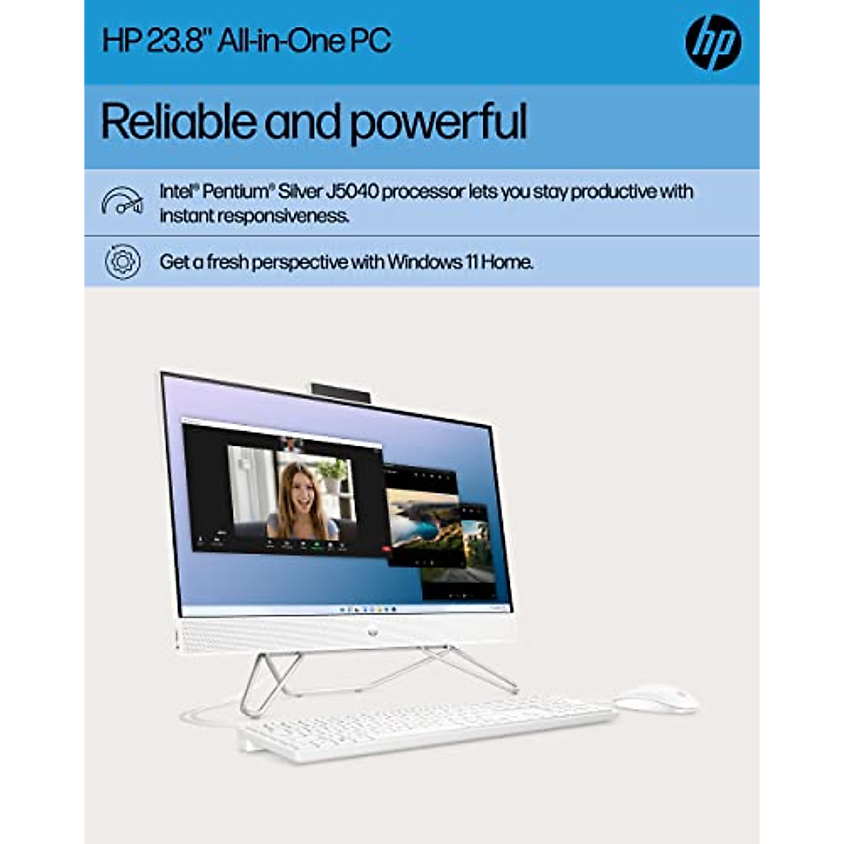 HP All-in-One Bundle PC, Intel Pentium Silver Processor, Intel UHD Graphics 605, 8 GB SDRAM, 256 GB PCIe SSD, Full HD Display, Windows 11 Home OS, Dual Computer Speakers, Wi-Fi (24-cb0120, 2022)