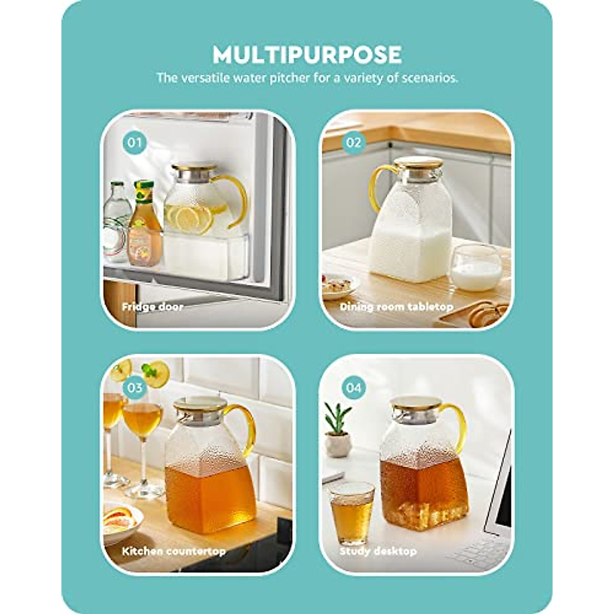 Baffect Water Pitcher, High Borosilicate Glass Jug with Stainless Steel Lid, Leakproof Fridge Door Carafe for Hot or Cold Beverage (1.8 L/63 oz.)