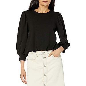 The Drop Women's Leona Short Puff Sleeve Crew Neck French Terry Sweatshirt, Black, S