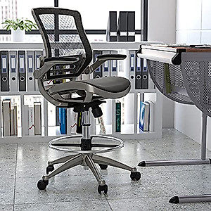 Flash Furniture Mid-Back Transparent Black Mesh Drafting Chair with Graphite Silver Frame and Flip-Up Arms
