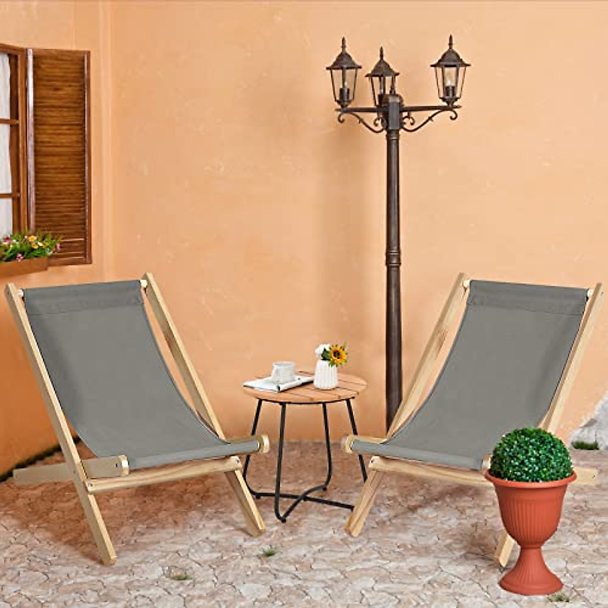 Tangkula Folding Sling Chair, Outdoor Wood Portable Beach Chair with 3-Positions Adjustable Backrest, Patio Lounge Chair with Thick Cushion for Yard Poolside Balcony (2)