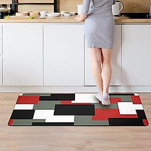 chiinvent Red Black Kitchen Rugs Mats Set of 2 Cushioned Anti Fatigue Kitchen Floor Mat White and Grey Geometric PVC Non-Slip Waterproof Comfort Standing Mats for Kitchen Office, 17"x 47"+17"x 28"