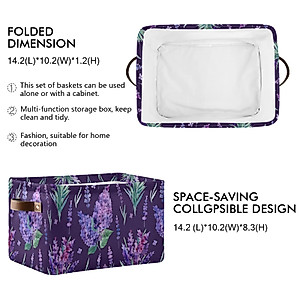 Large Foldable Storage Basket Lavender Flowers Purple Floral Storage Bin Canvas Toys Box Fabric Decorative Collapsible Organizer Bag with Handles for Bedroom Home