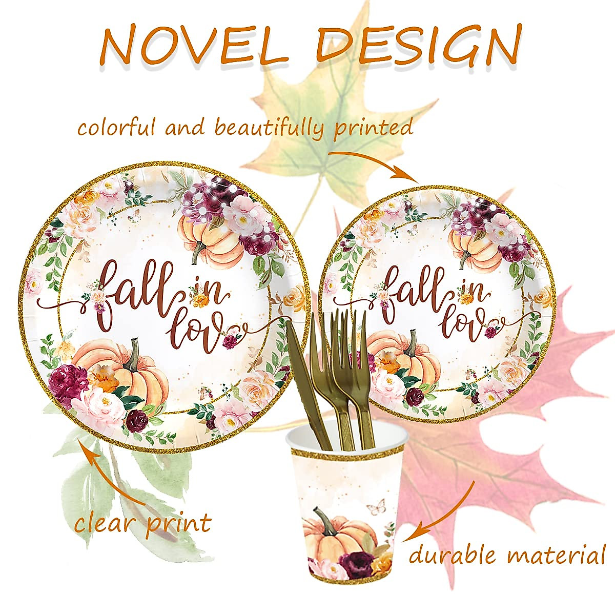 Fall in Love Party Decorations Fall Floral Pumpkin Decoration Set Includes Fall Tablecloths, Fall in Love Dinner Plate Boho Balloons Perfect for Bridal Shower Anniversary Engagement Party Decorations
