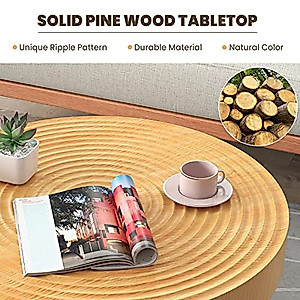 GOFLAME Round Coffee Table Set of 2, Farmhouse Boho End Tables with Natural Finish & Wood Ring Motif, Solid Wood Nesting Side Tables with Metal Legs & Adjustable Foot Pads for Living Room, Bedroom