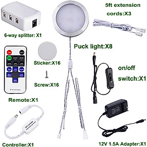 AIBOO Linkable Under Cabinet LED Lighting 12V Slim Aluminum Dimmable Puck Lights with RF Remote Control & UL Listed Plug for Display Bookshelf Lighting(8 Lights, Daylight White)