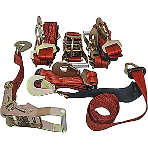 4 Axle Strap Tie Downs 24" Long and 4 Ratchet Tow Straps Car Haulers - Red