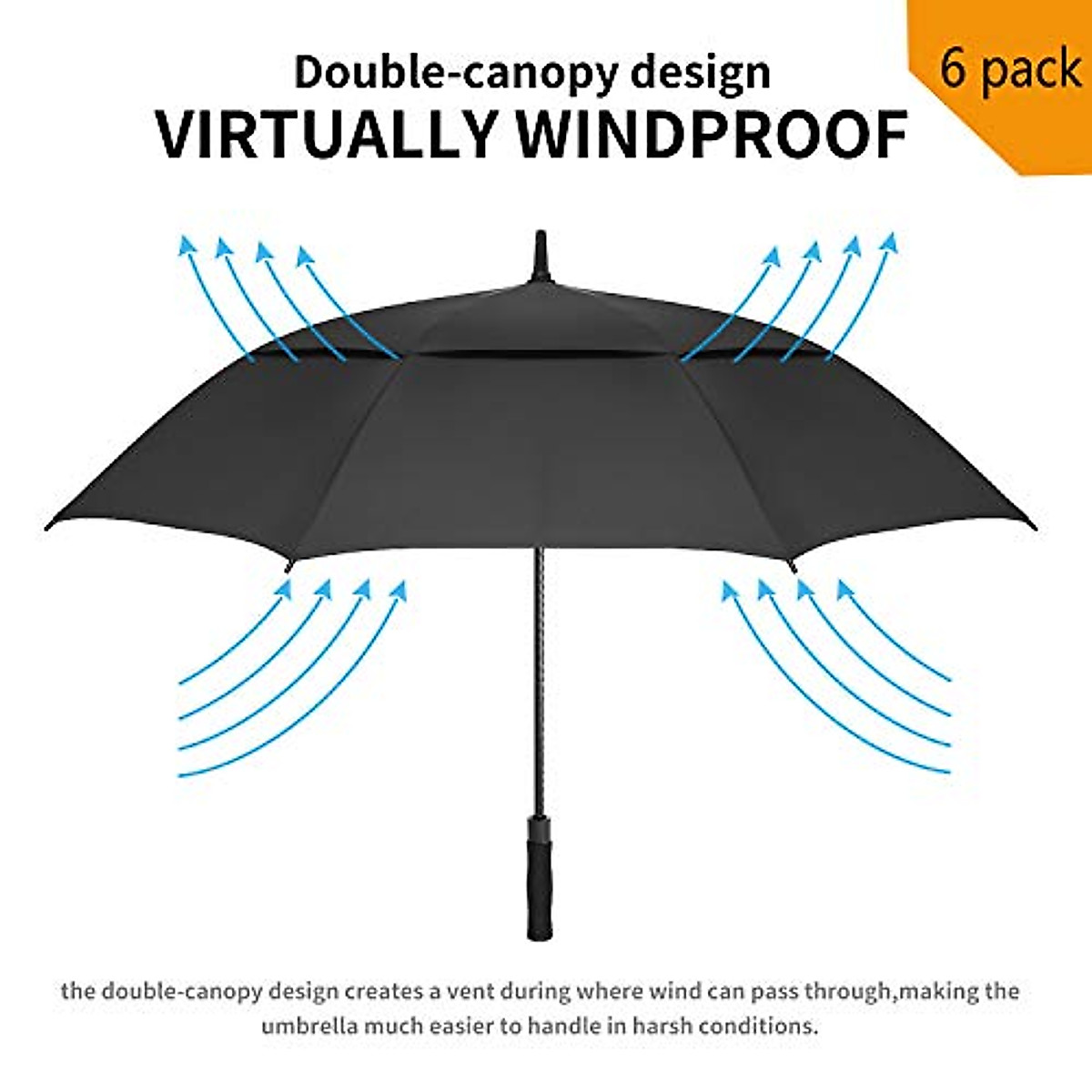 MRTLLOA 6 Pack 62/68 Inch Automatic Open Golf Umbrella, Extra Large Oversize Double Canopy Vented Windproof Waterproof Stick Umbrellas for Rain(62 Inch, Black)