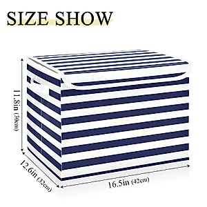 YETTASBIN Navy Blue Stripes Storage Basket with Lid and Handles, Large Collapsible Fabric Storage Bins Sturdy Storage Organizer for Shelves, Closet, Bedroom, School, Office, Home Decor