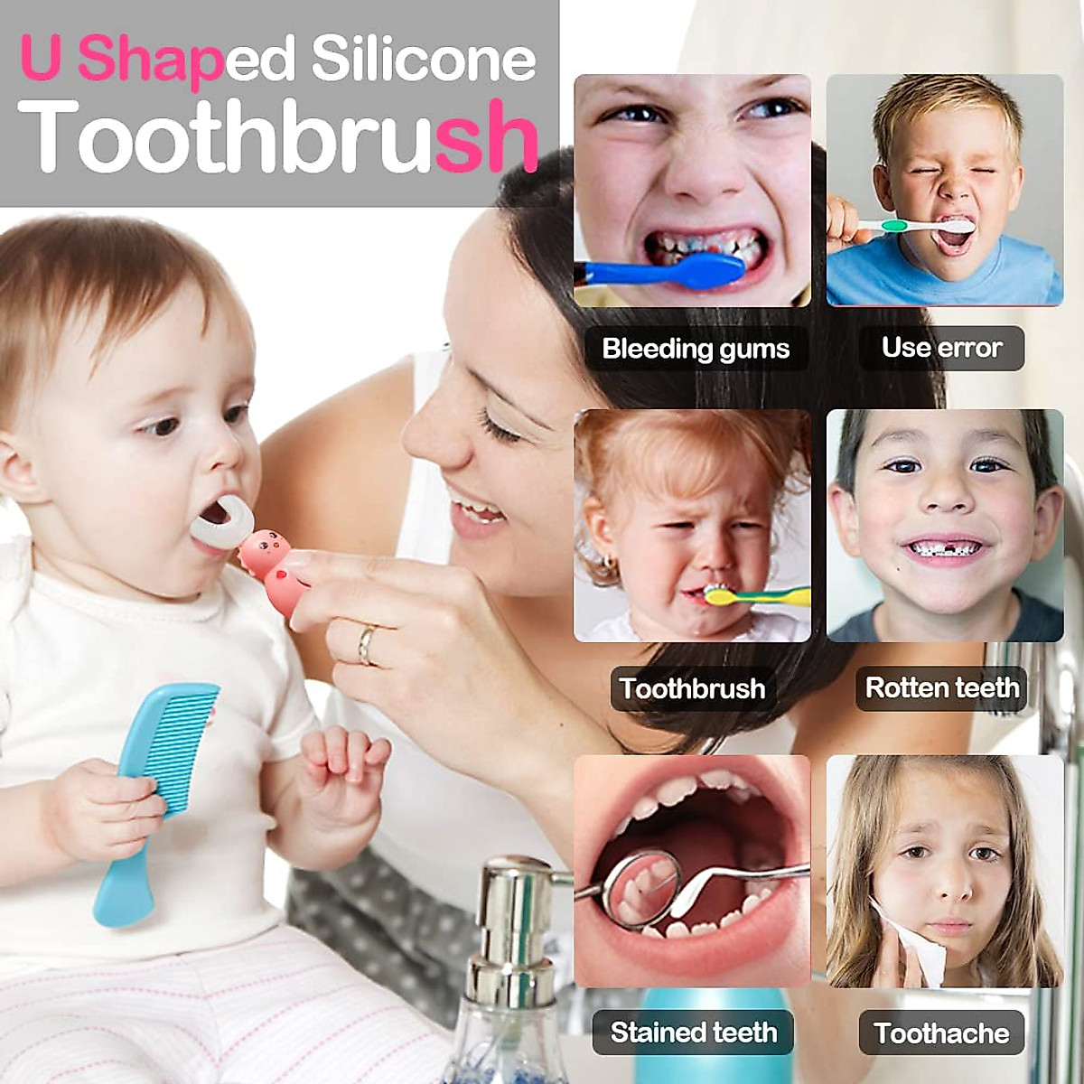 CEECOLES Kids U-Shaped Toothbrush, Cute Cartoon -Design Whole Mouth Cleaning Tooth Brush, U Type with Food Grade Soft Silicone Head for Kid Child 2 - 6 Years Old (KonglongtoothRED)