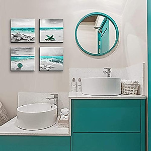 JUFENGART 4 panels green ocean beach wall decoration for bathroom beach canvas prints natural pictures home artwork bedroom living room wall art ready to hang size: 12x12inch/set