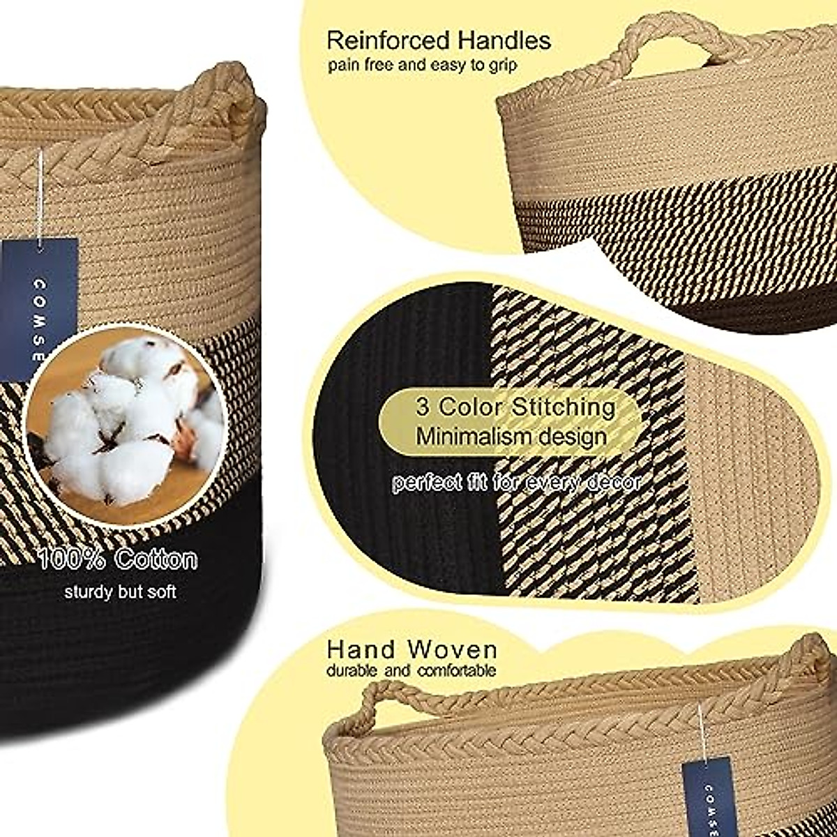 COMSE Extra Large Blanket Basket, Storage Basket, Laundry Basket, 21.7”x 13.8”, Laundry Hamper, Cotton Rope Basket, Blanket Basket Living Room, Toy Basket (Brown & Black)